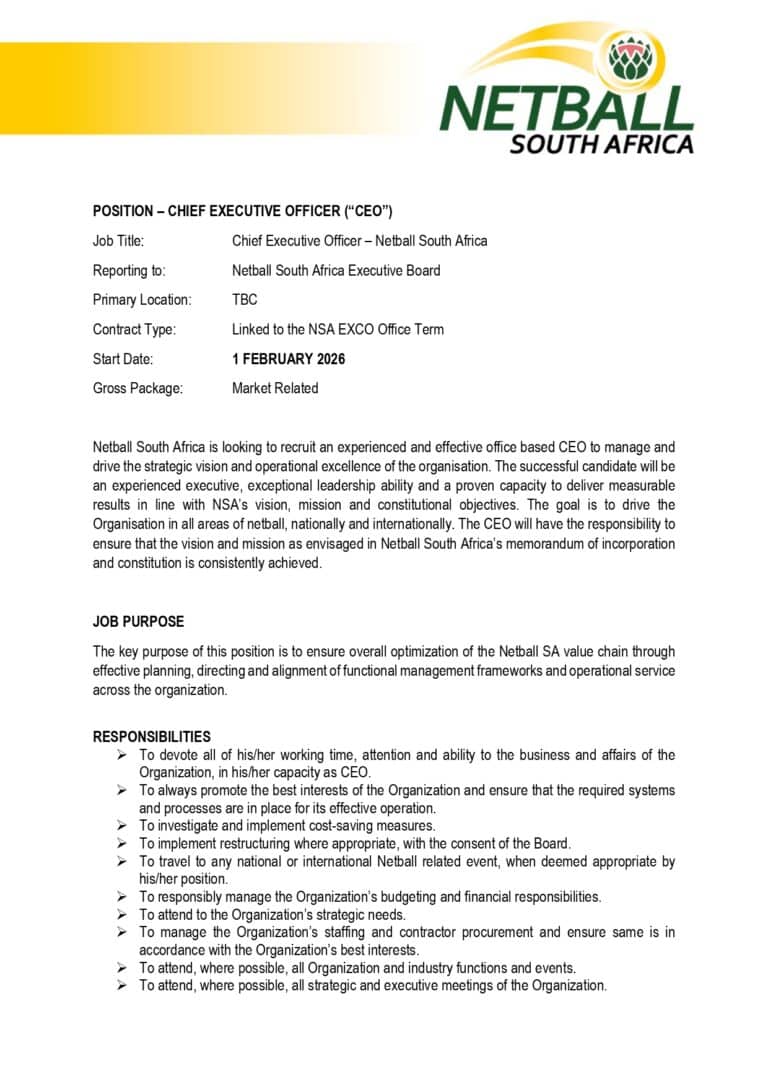 CEO Vacancy at Netball South Africa (Starts Feb 2026) | Apply